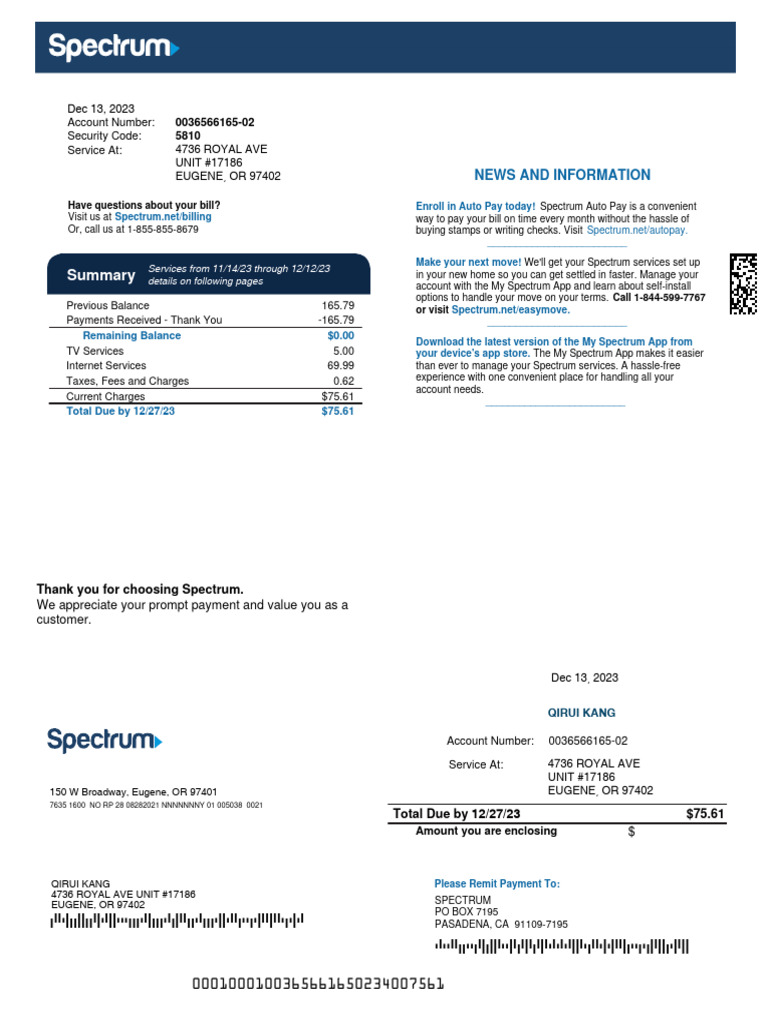 USA-Internet and TV Bill - Spectrum | PDF | Fee | Credit Card