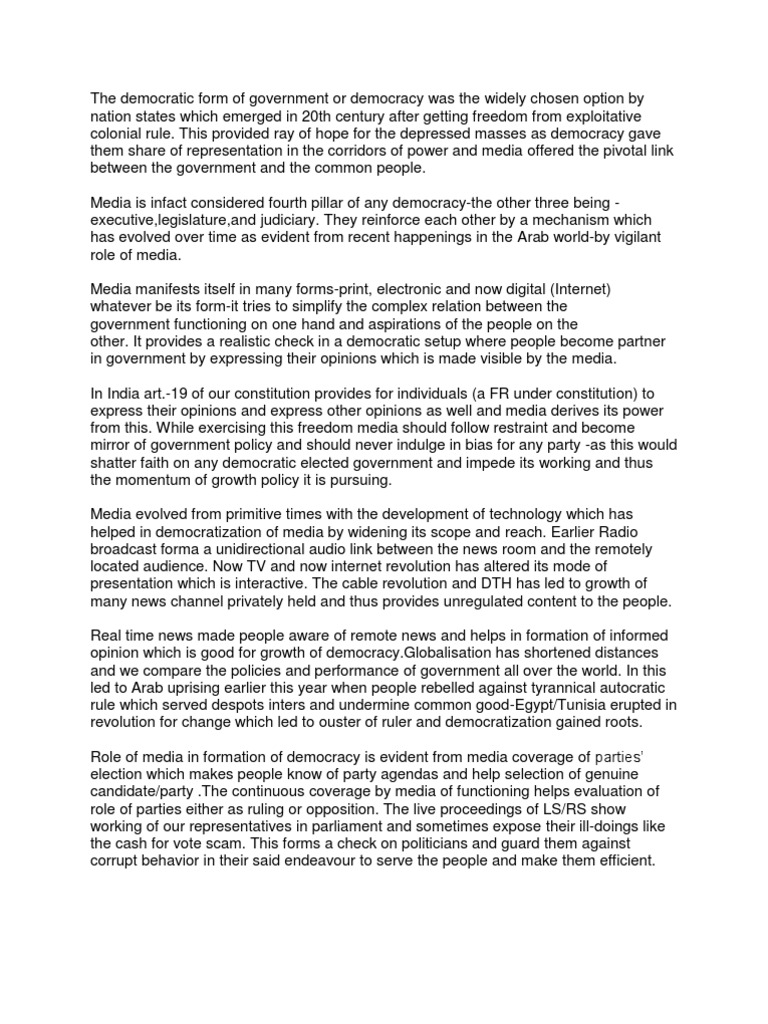 Role of Media in A Democracy | PDF | Mass Media | News