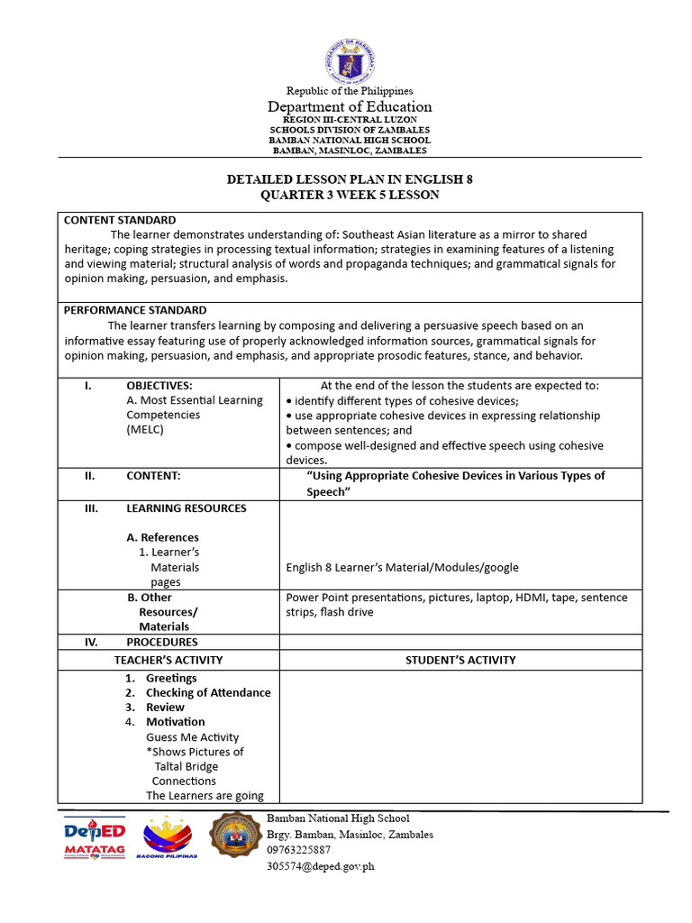 Detailed Lesson Plan in English 8 | PDF | Learning | English Language