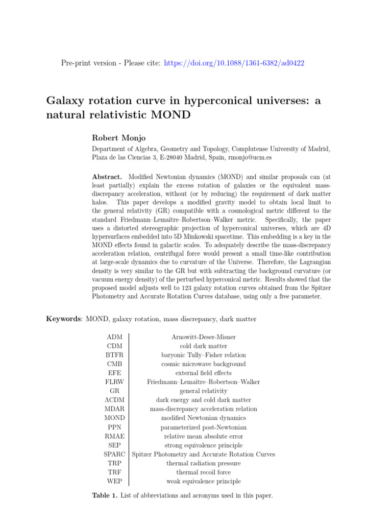 Galaxy rotation curve in hyperconical universes: a natural relativistic MOND | PDF | General ...