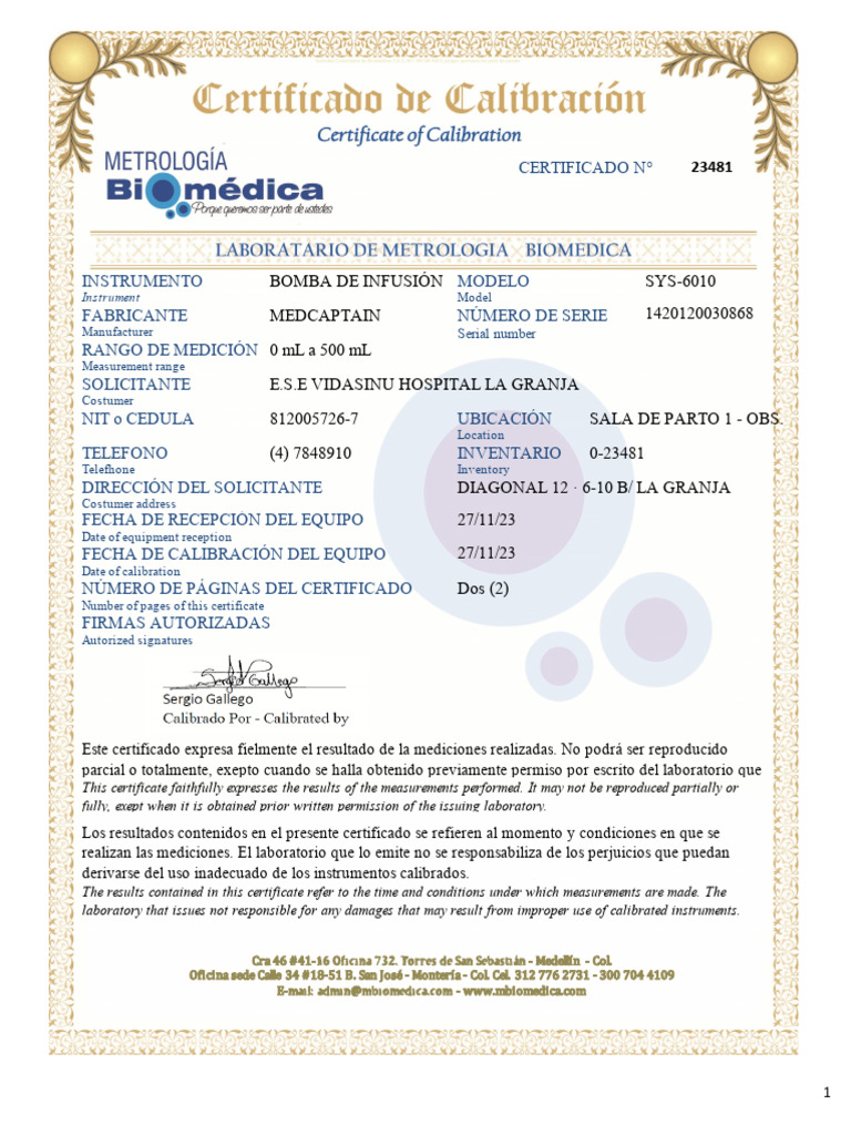 Nuevo Certificado Cal Bomba de Infusion 23481 | PDF | Metrología | Exactitud y precisión