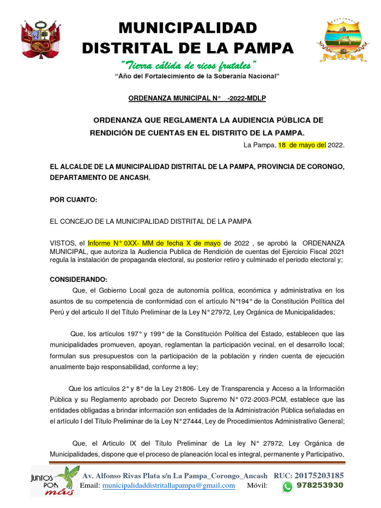 ORDENANZa AUDIENCIA PULICA | PDF | Responsabilidad | Gobierno local