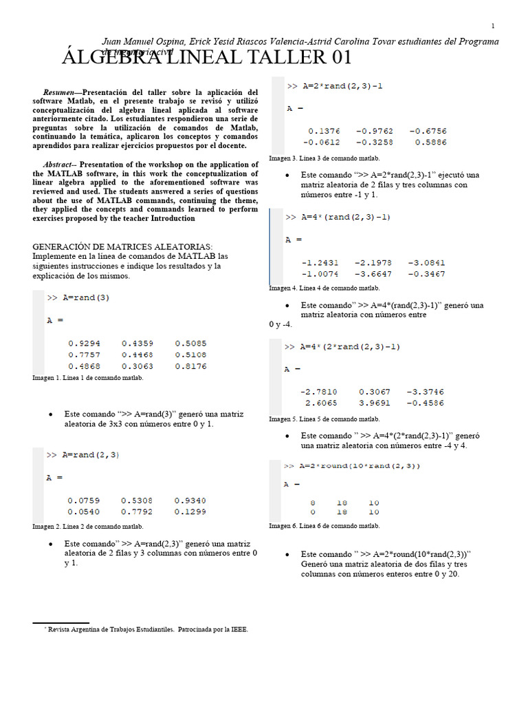 Taller Matlab 2 | PDF | Matriz (Matemáticas) | Matemáticas Taller Matlab 2 | PDF | Matriz (Matemáticas) | Matemáticas