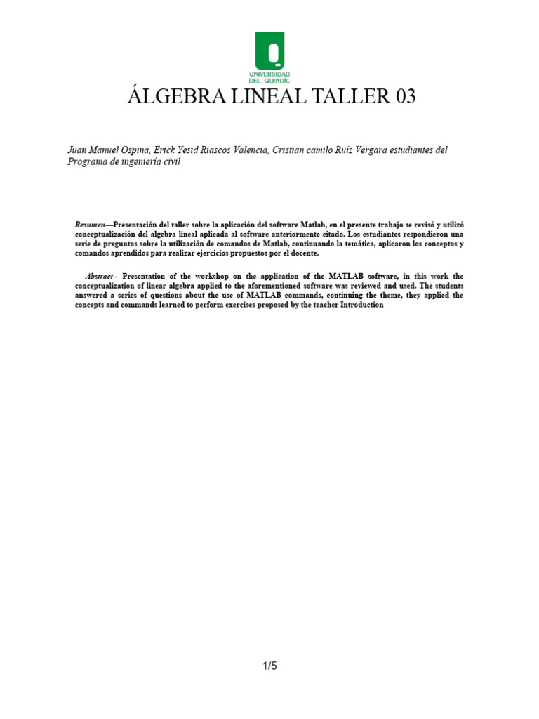 Taller 03 Matlab Descargar Gratis Pdf Conceptos Matemáticos Matemáticas 