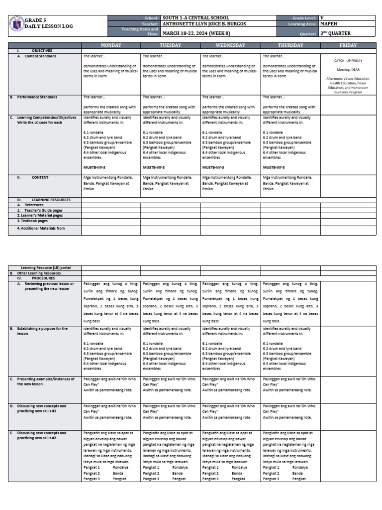 DLL_MAPEH 5_Q3_W8 | PDF | Learning | Differentiated Instruction