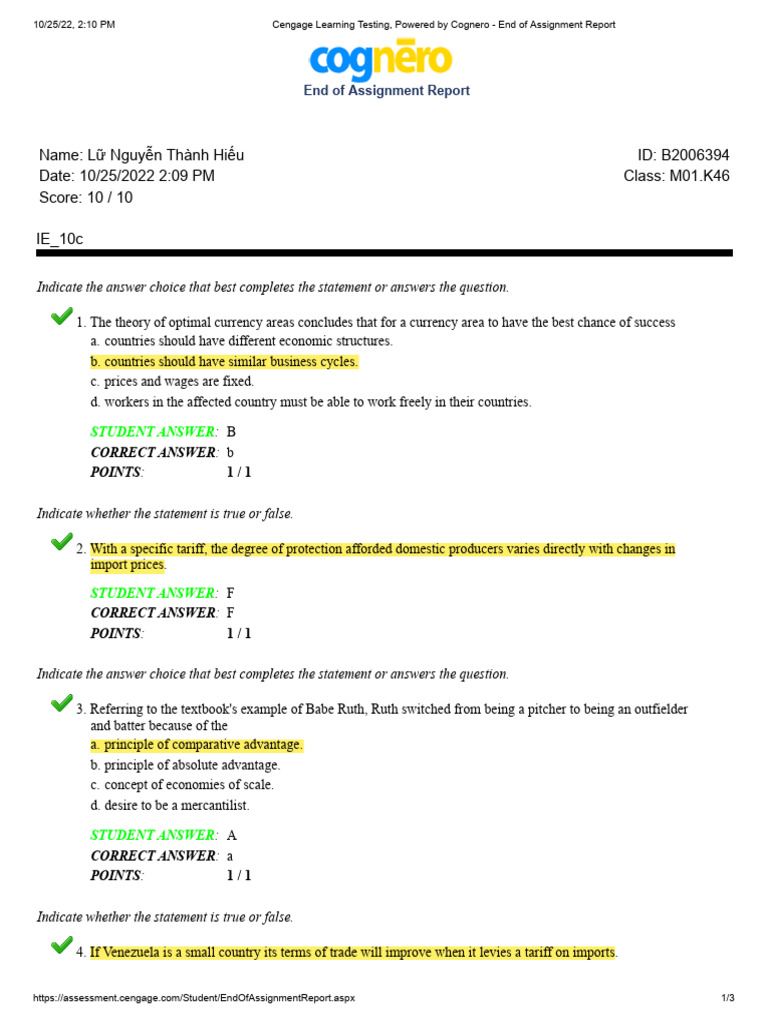 Cengage Learning Testing Powered by Cognero End of Assignment Report ...