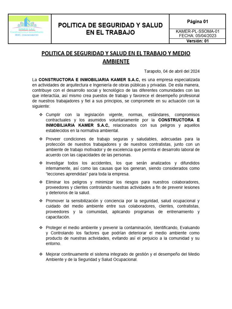 Politica de Seguridad y Salud en El Trabajo y Medio Ambiente | PDF | Seguridad y salud ocupacional