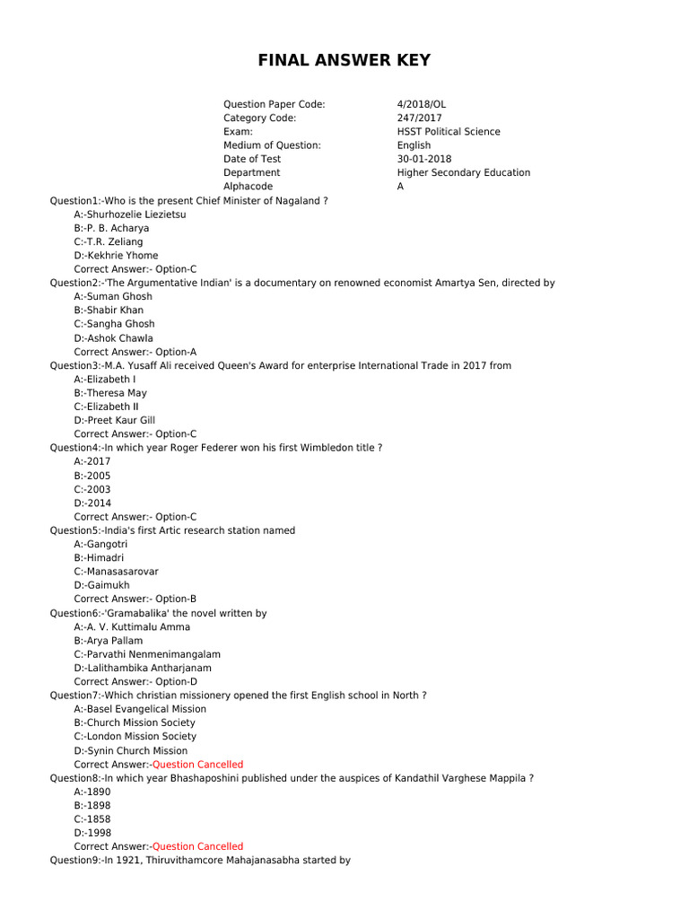 2018 HSST Political Science Question Paper | PDF | Political Science