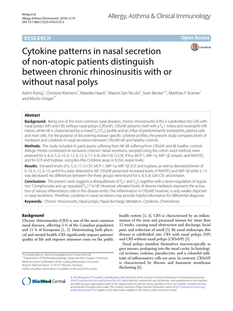 Cytokine Patterns in Nasal Secretion of Non-Atopic Patients Distinguish ...