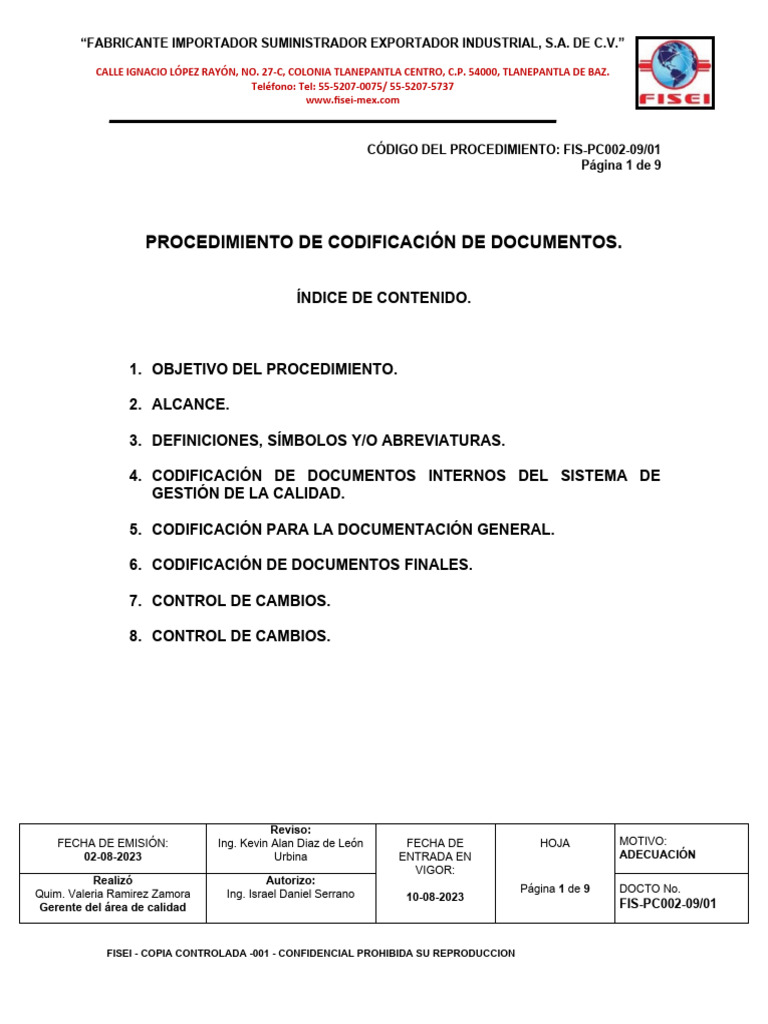 Fis-Pc002-09 Procedimiento de Codificación de Documentos | PDF | Sistema de manejo de calidad