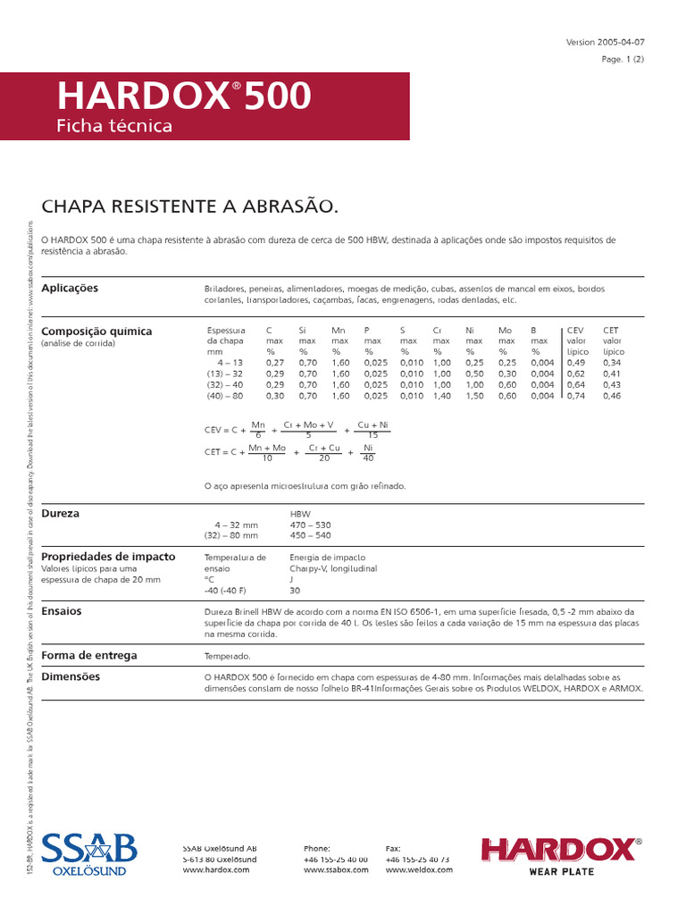 152 - Hardox - 500 - BR - Ficha Técnica | PDF | Materiais | Metalurgia