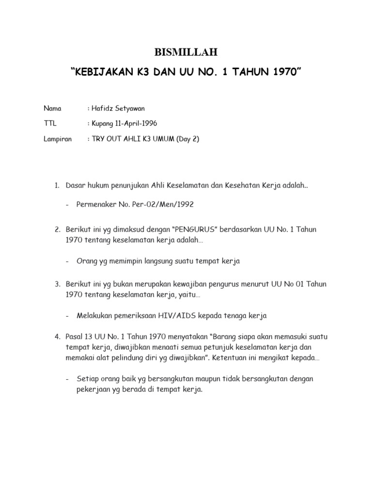 Kebijakan K3 Dan Uu No. 1 Tahun 1970 | PDF | Bisnis