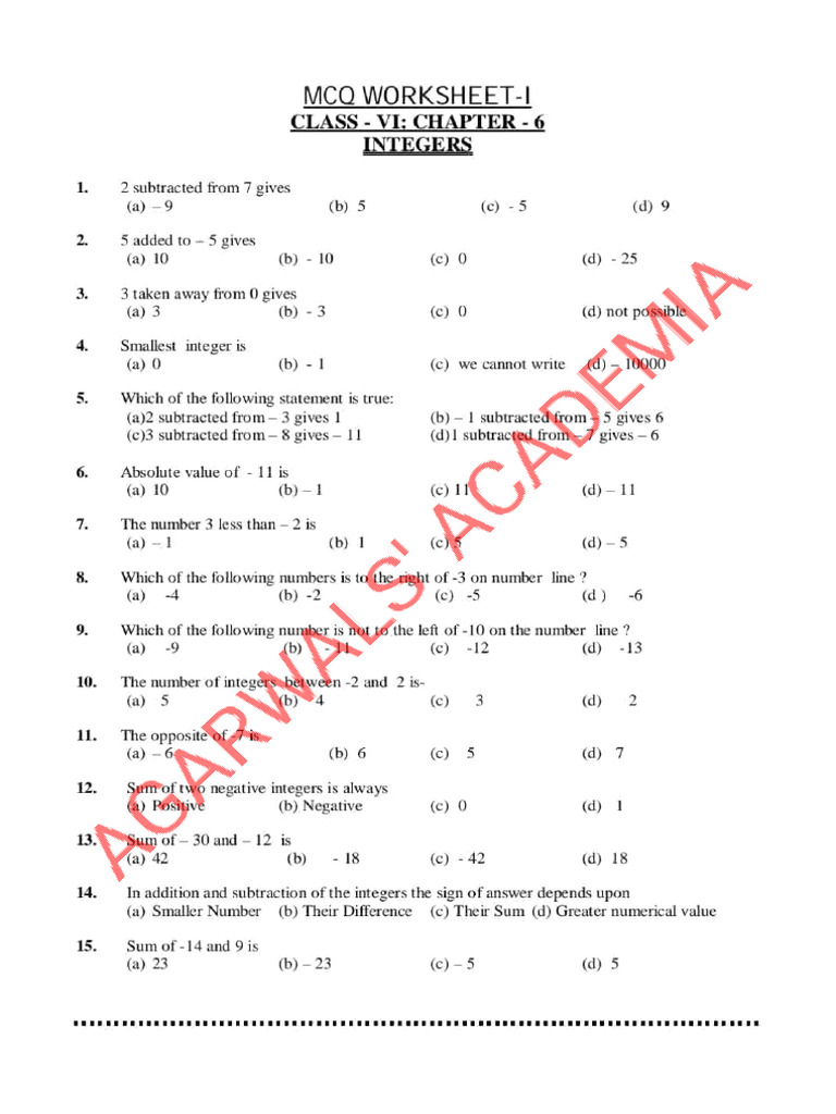Class 6 Integers Worksheet with Answers | PDF | Numbers | Arithmetic