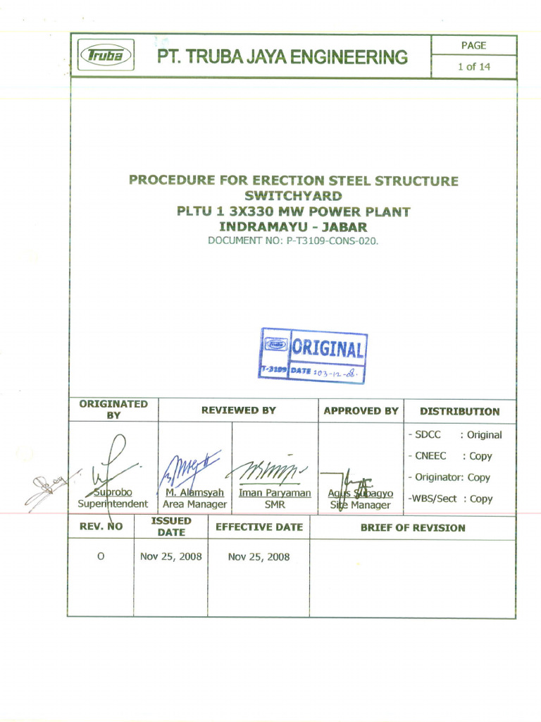 P-T3109-CONS-020-PROCEDURE FOR ERECTION STEEL STRUCTURE SWITCHYARD | PDF