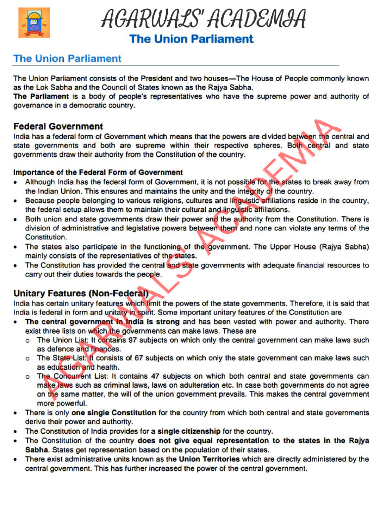 ICSE Class 10 The Union Parliament Lok Sabha and Rajya Sabha Notes ...