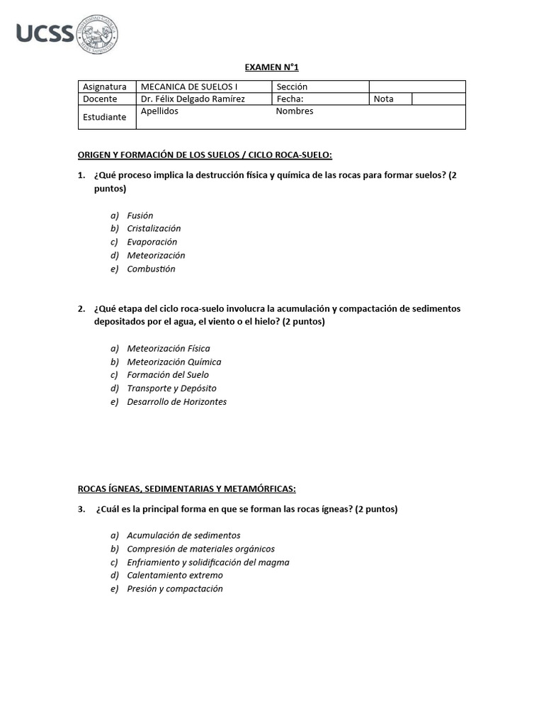 Examen N°1 - MS1 | Descargar gratis PDF | Roca (geología) | Meteorización