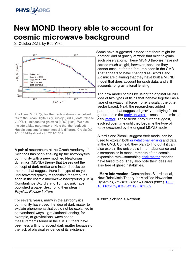 2021 10 Mond Theory Account Cosmic Microwave | PDF | Dark Matter ...