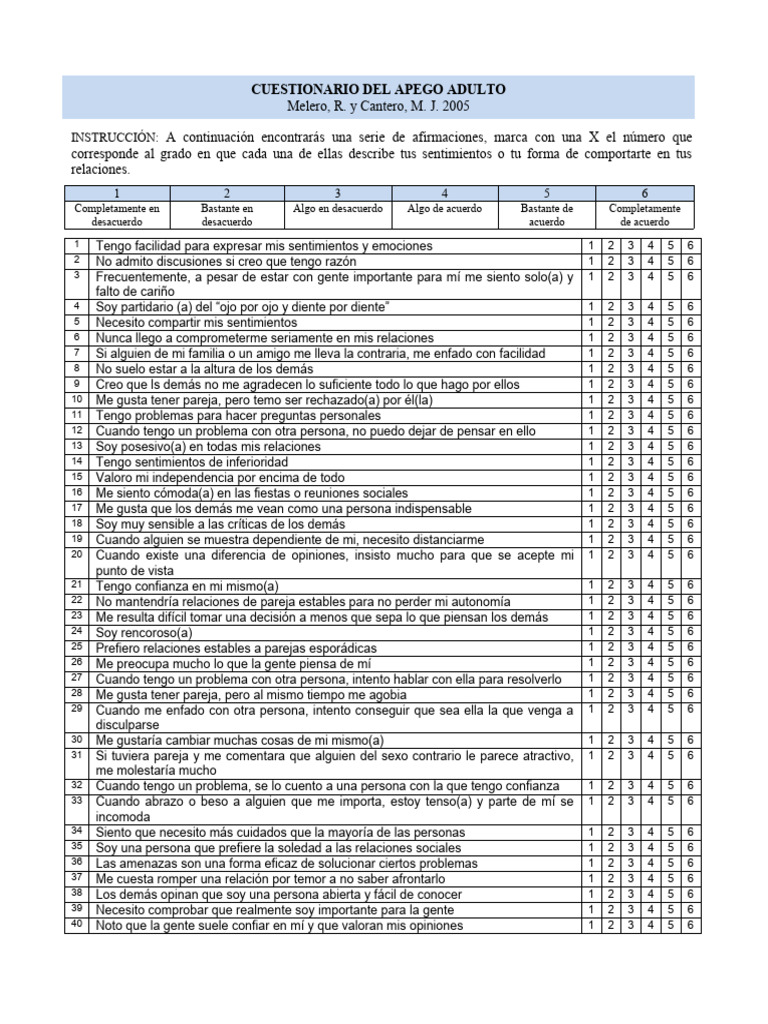 Cuestionario de Apego | PDF | Funciones ejecutivas | Adultos