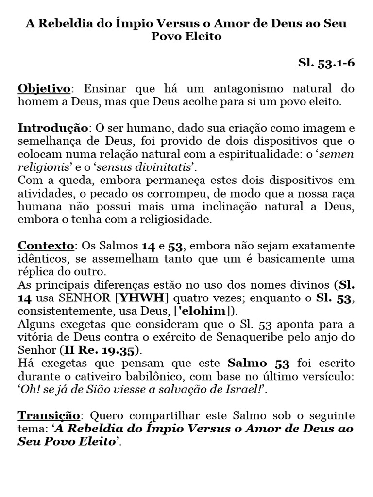 2024-02-11 - Sl. 53.1-6 A Rebeldia Do Ímpio Versus o Amor de Deus Ao ...