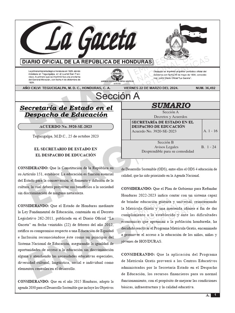 Gaceta 22 de Marzo de 2024 36,492 Seccion A | PDF | Honduras | Ministerio (Departamento de Gobierno)