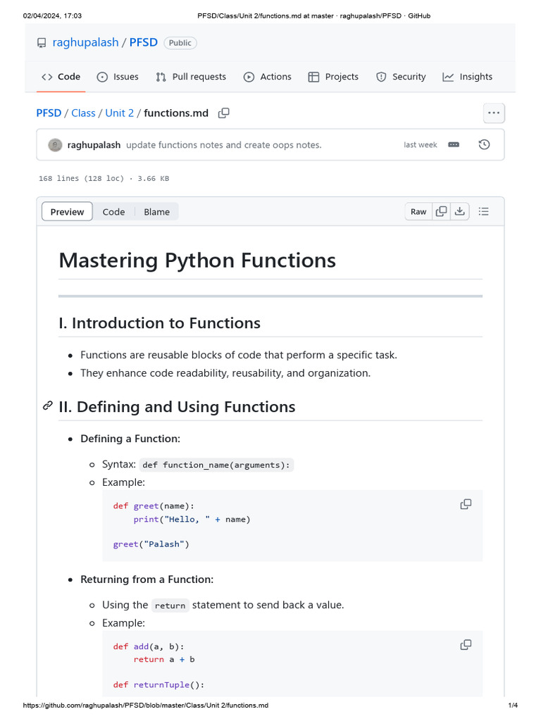 PFSD - Class - Unit 2 - Functions - MD at Master Raghupalash - PFSD GitHub | PDF | Anonymous ...
