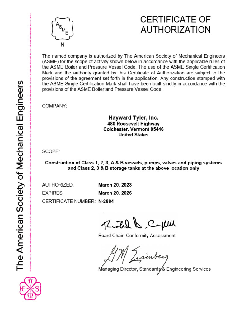 Certificate 2026 Asme Hayward Tyler | PDF | Boiler | Engineering