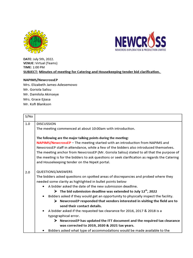 Catering Tender Clarification Minutes | PDF