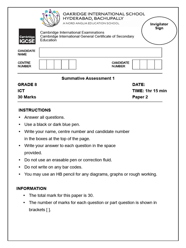 CAIE 2023-2024 Grade 8 Term 1 SA1 ICT Paper2 Set 1 | PDF | Html Element | Web Development