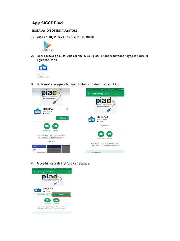 Manual para Instalacion App Sigce Piad Android | PDF | Aplicación movil | Google Play