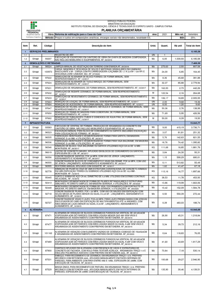 Oramento - Casa Do Caf - Ifes Itapina - v02 - Sem Desmembramento de Custos | PDF | Argamassa ...