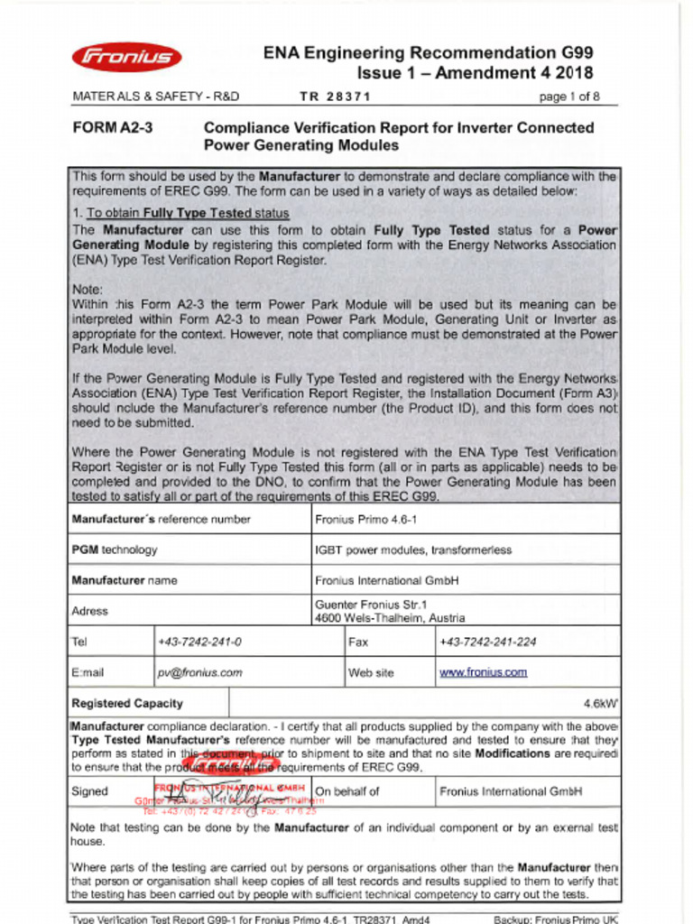 SE CER Type Verification Test Sheet G99 1 Fronius Primo 4.6-1 en UK | PDF