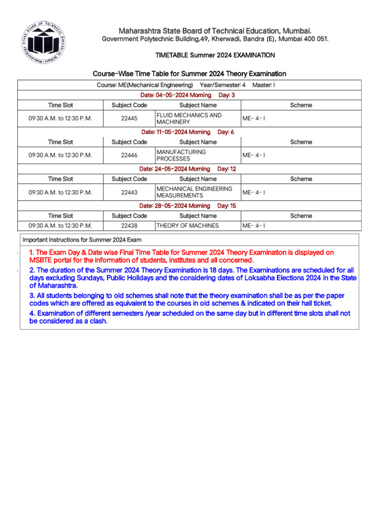 Time Table For Summer 2024 Theory Examination | PDF | Academic Term ...
