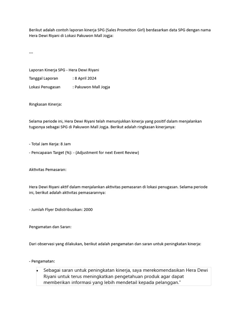 Berikut Adalah Contoh Laporan Kinerja SPG | PDF