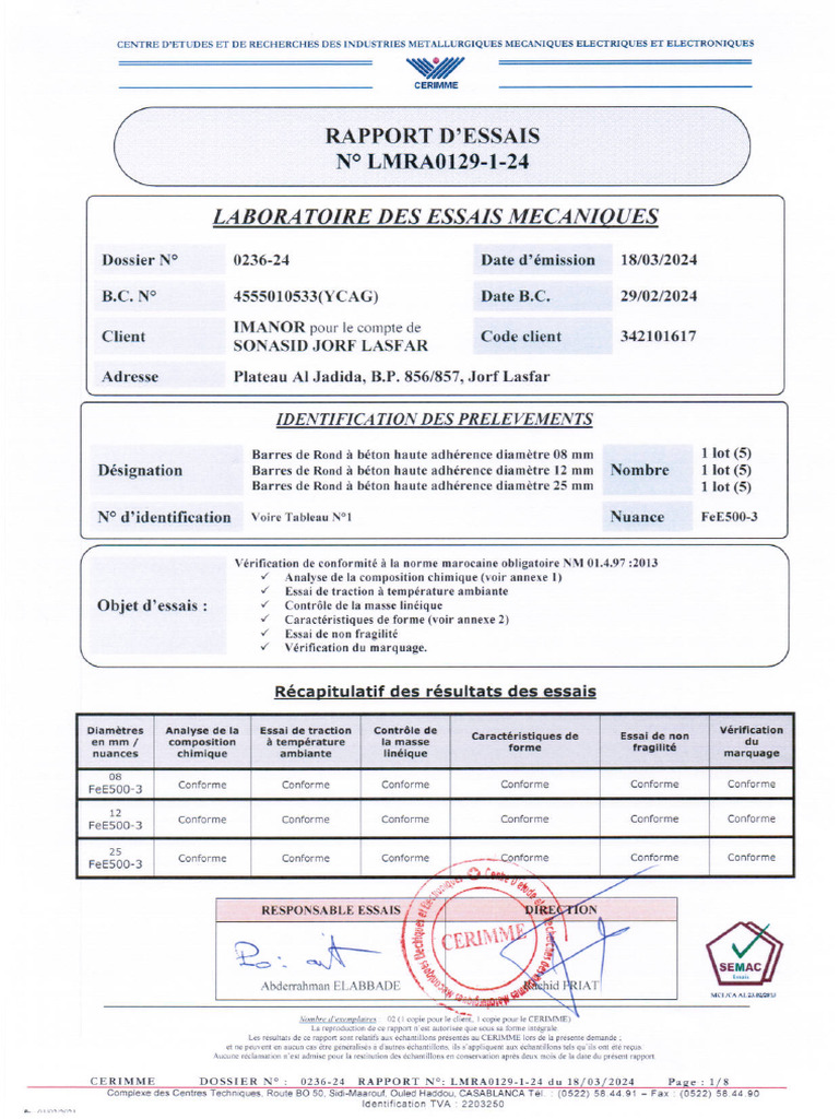 Rapport d'essais TP SONASID Jorf 2024 | PDF