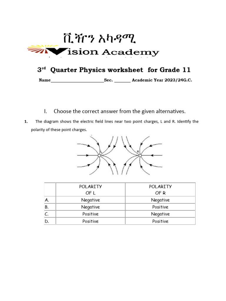 Grade 11 Physics Worksheet Q3 2023 | PDF | Electric Field | Force