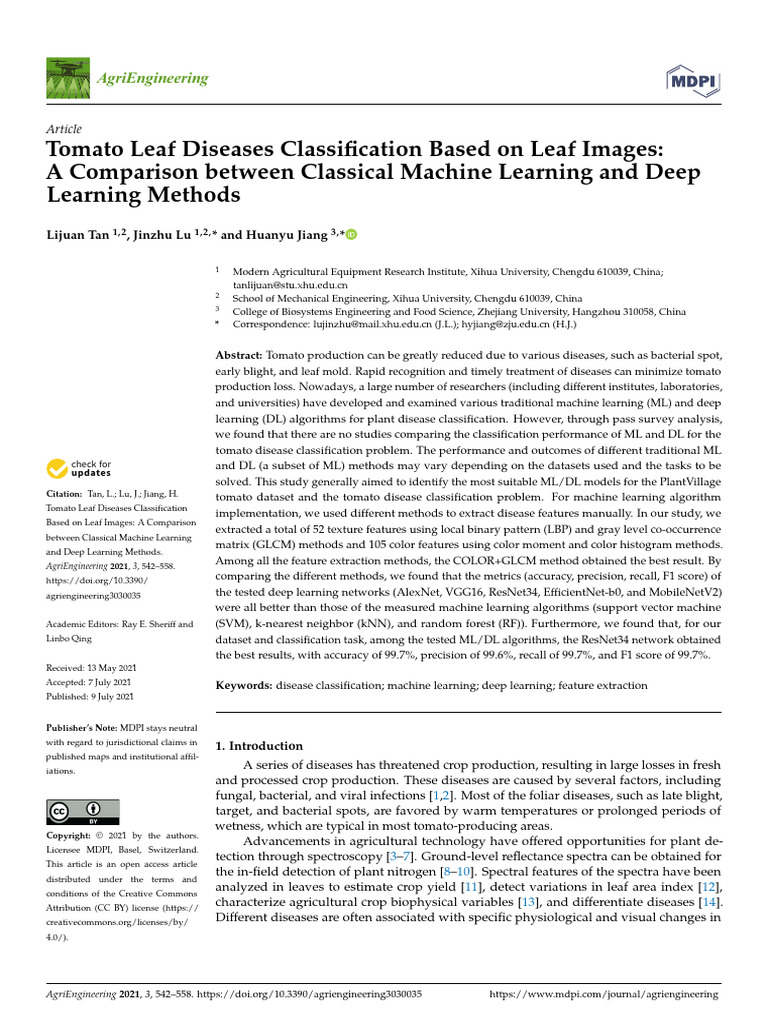 Lijuan Tan Et Al - 2021 - Tomato Leaf Diseases Classification Based On Leaf Images | PDF ...