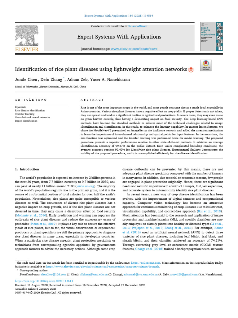 Junde Chen Et Al 2021 Identification Of Rice Plant Diseases Using