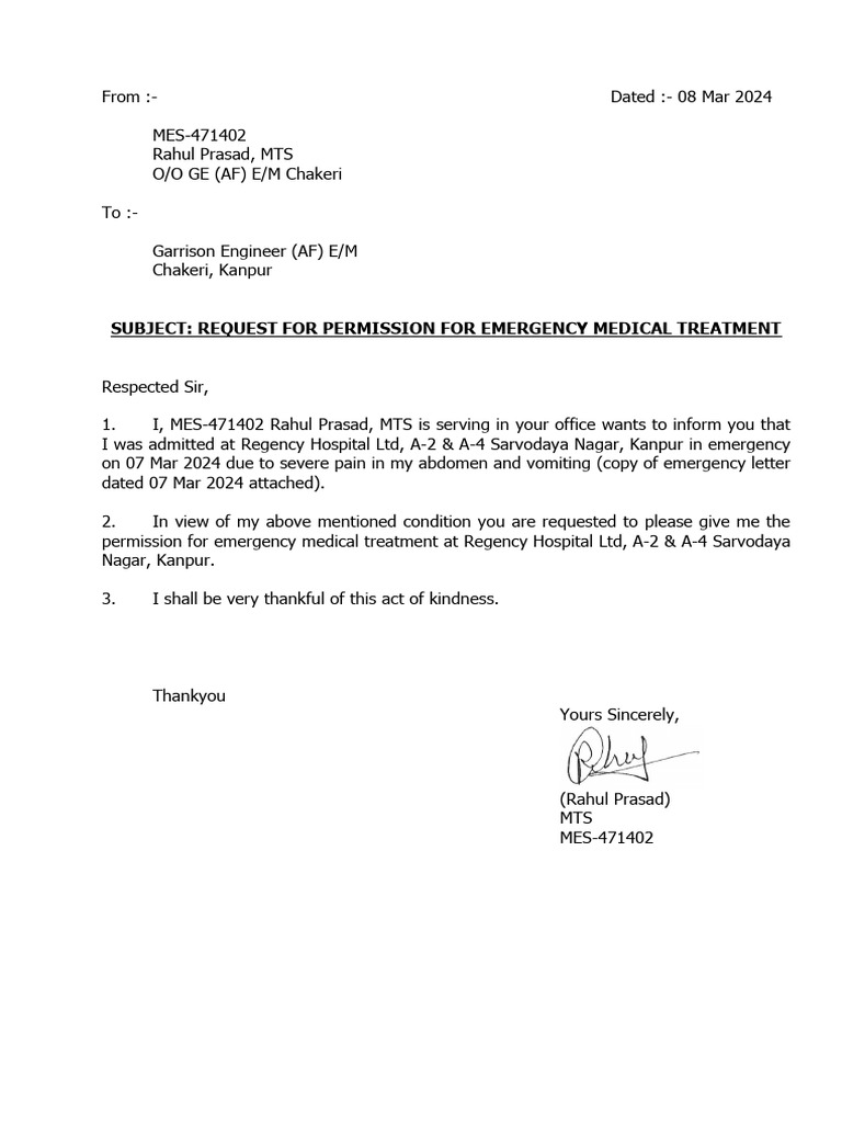 Subject: Request For Permission For Emergency Medical Treatment | PDF ...