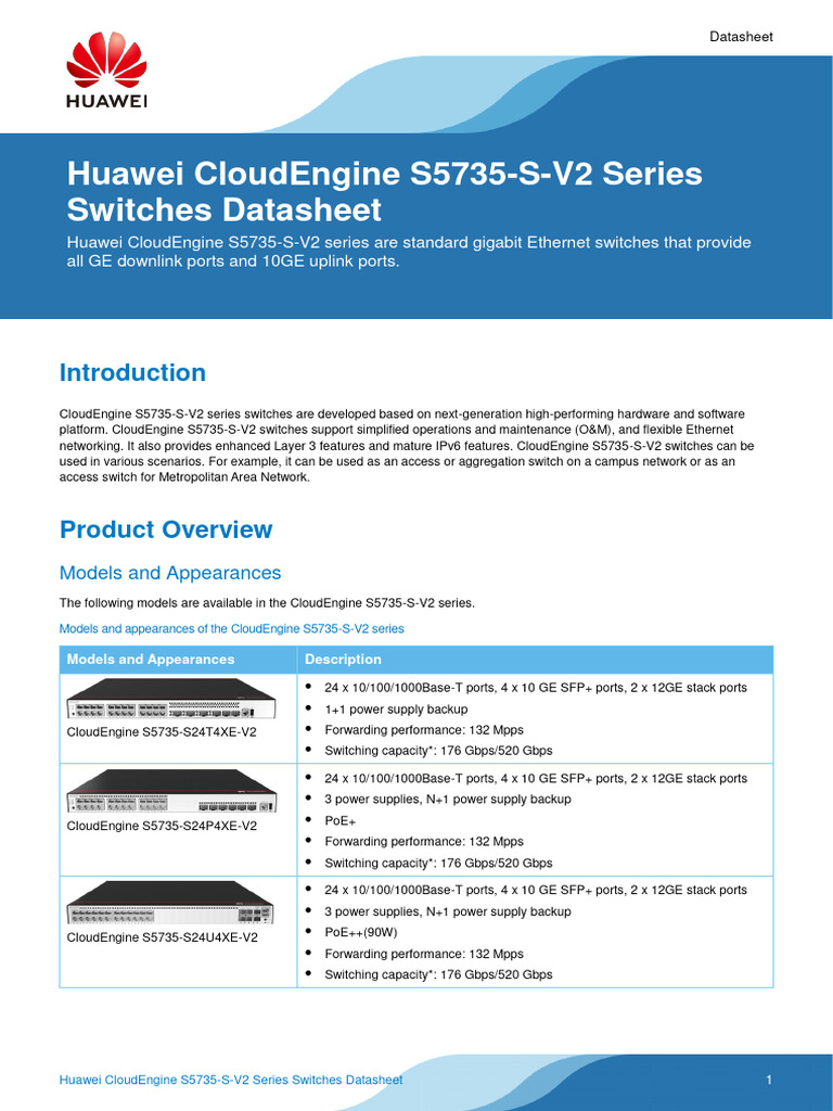 Huawei CloudEngine S5735-S-V2 Series Switches Datasheet | PDF | Power Supply | Network Switch