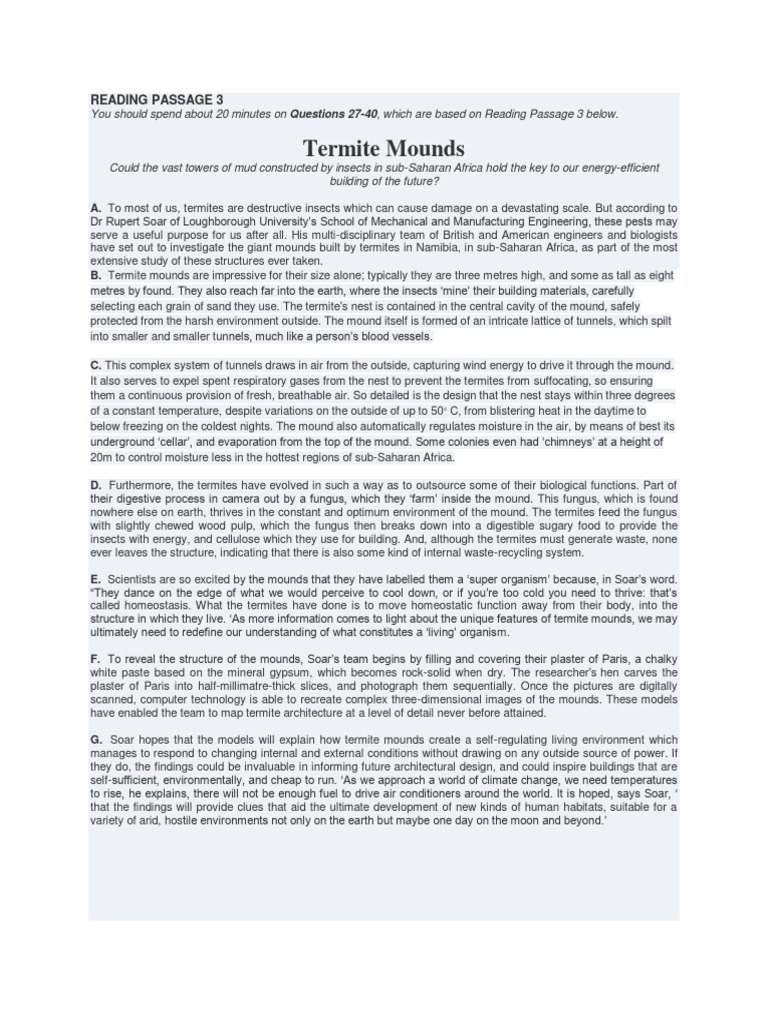 Passage 3 đề Termite Mounds | PDF | Nest | Natural Environment