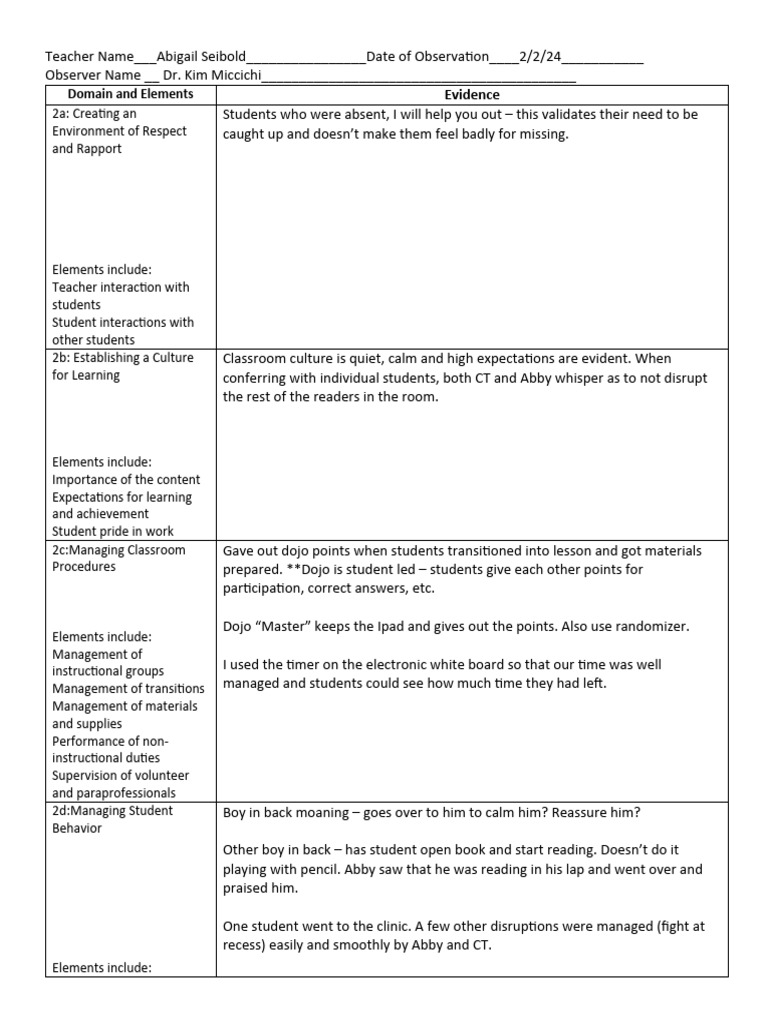 As Supervisor Cycle 1 Observation Data Collection Tool - Actionable ...