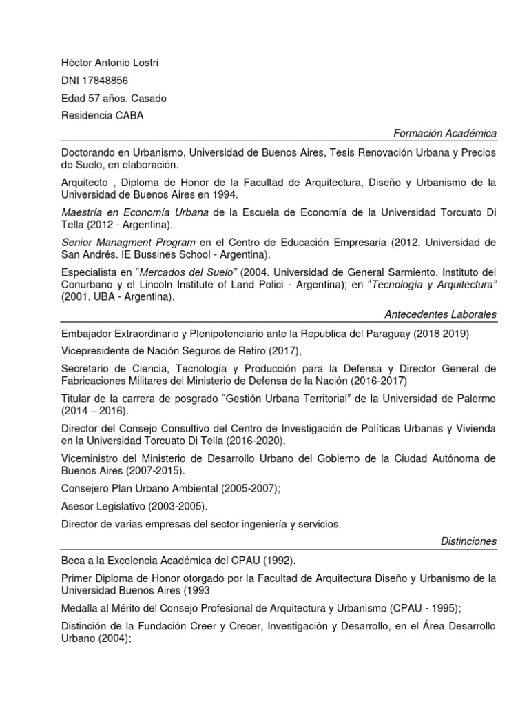CV. Hector Lostri 2023 | PDF | Buenos Aires | Urbanismo