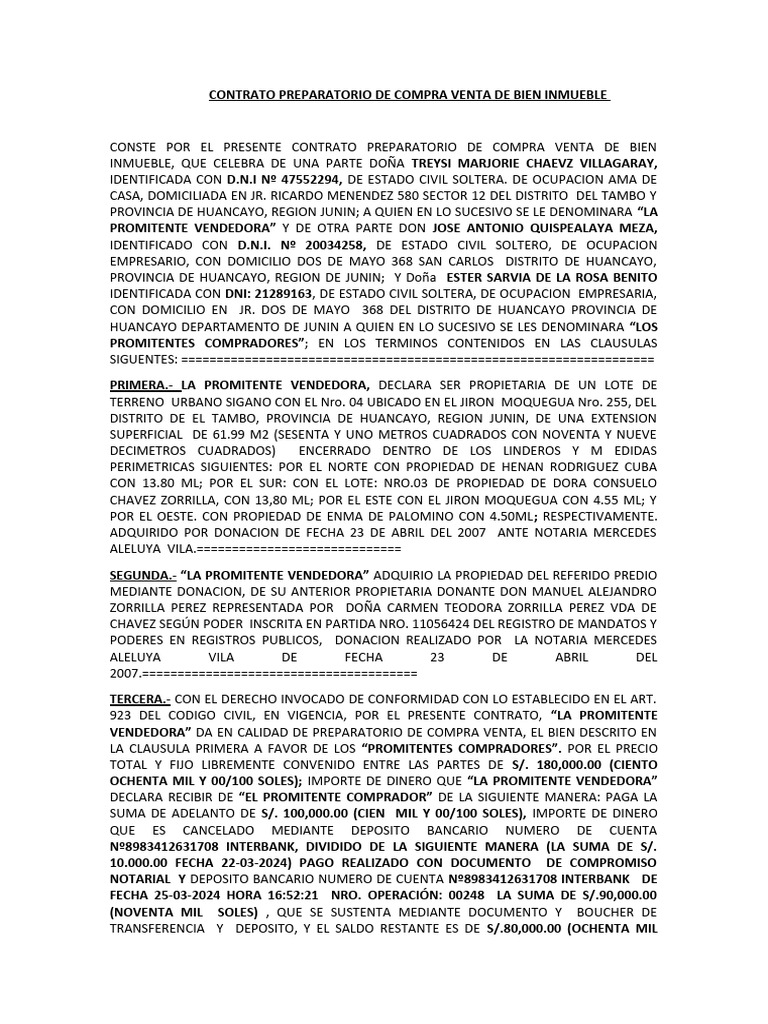 Contrato Preparatorio de Compra Venta de Bien Inmueble Treysi Chavez | PDF | Consentimiento ...
