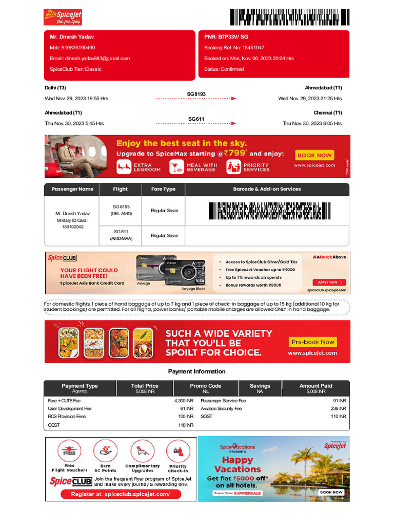 SpiceJet - E-Ticket - PNR - B7P33V 29 Nov 2023 Delhi-Ahmedabad For MR ...