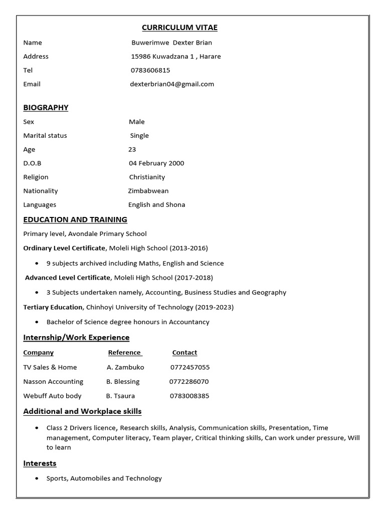 Curriculum Vitae: Ordinary Level Certificate, Moleli High School (2013 ...