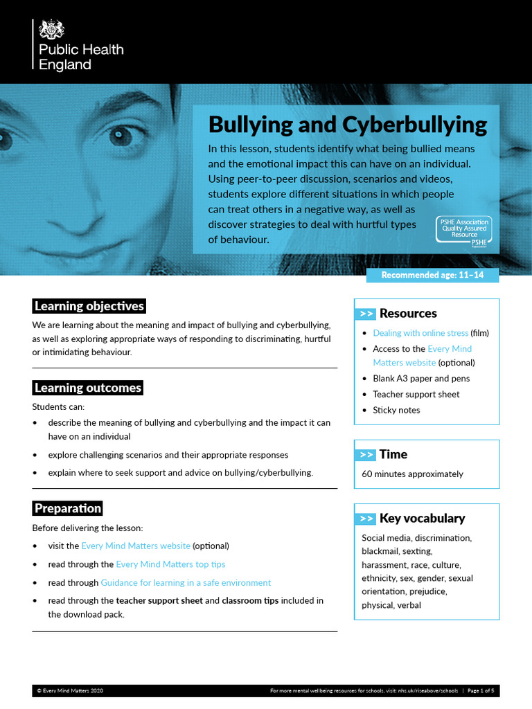 Every Mind Matters Bullying and Cyberbullying Lesson Plan KS34 ...