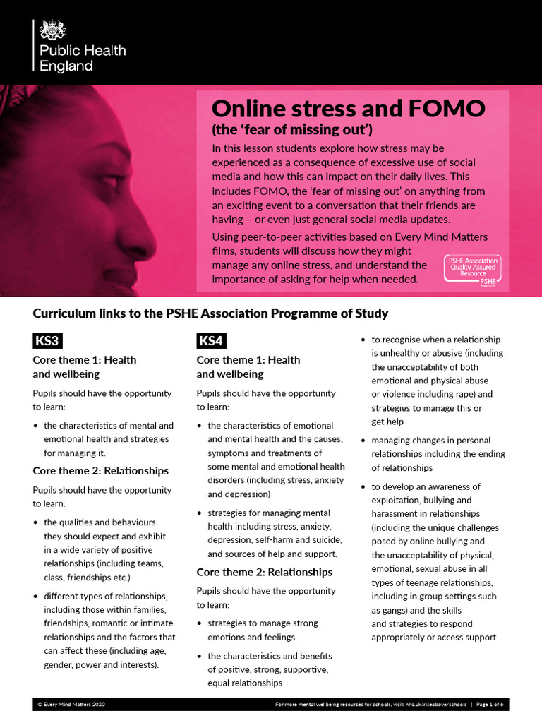 Every Mind Matters Online Strless and FOMO Lesson plan KS34 | PDF | Popular Culture & Media ...