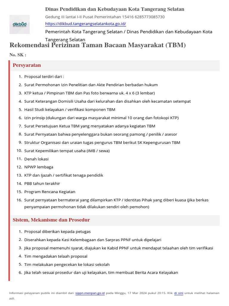 Unduh Standar Pelayanan - Rekomendasi Perizinan Taman Bacaan Masyarakat (TBM) | PDF