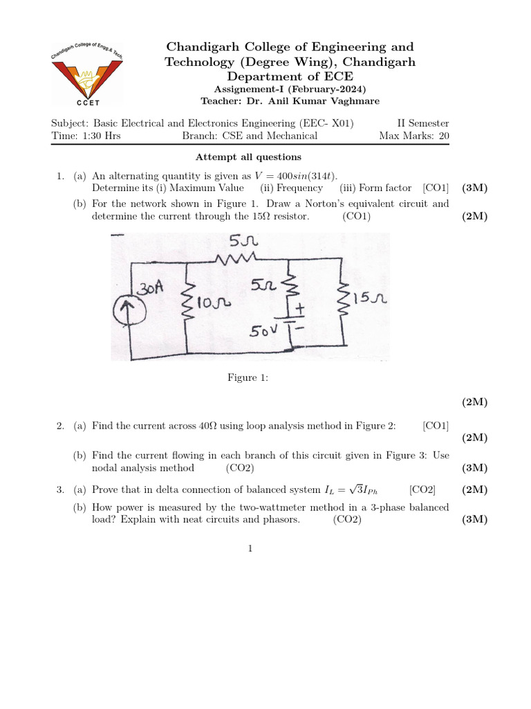 BEEE - Assignement-1 (Question Paper) | PDF