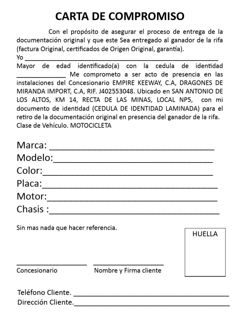 carta de compromiso moto rifa | PDF